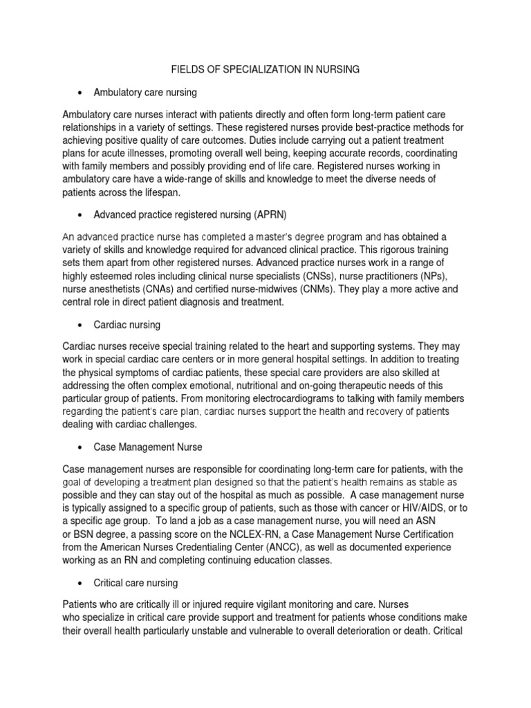 Fields of Specialization in Nursing | Nursing | Patient