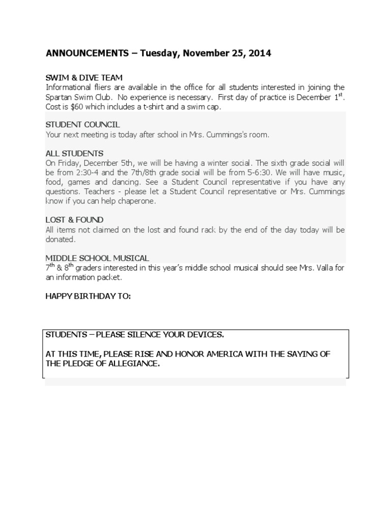 School Announcements: Nov 25, 2014 | PDF