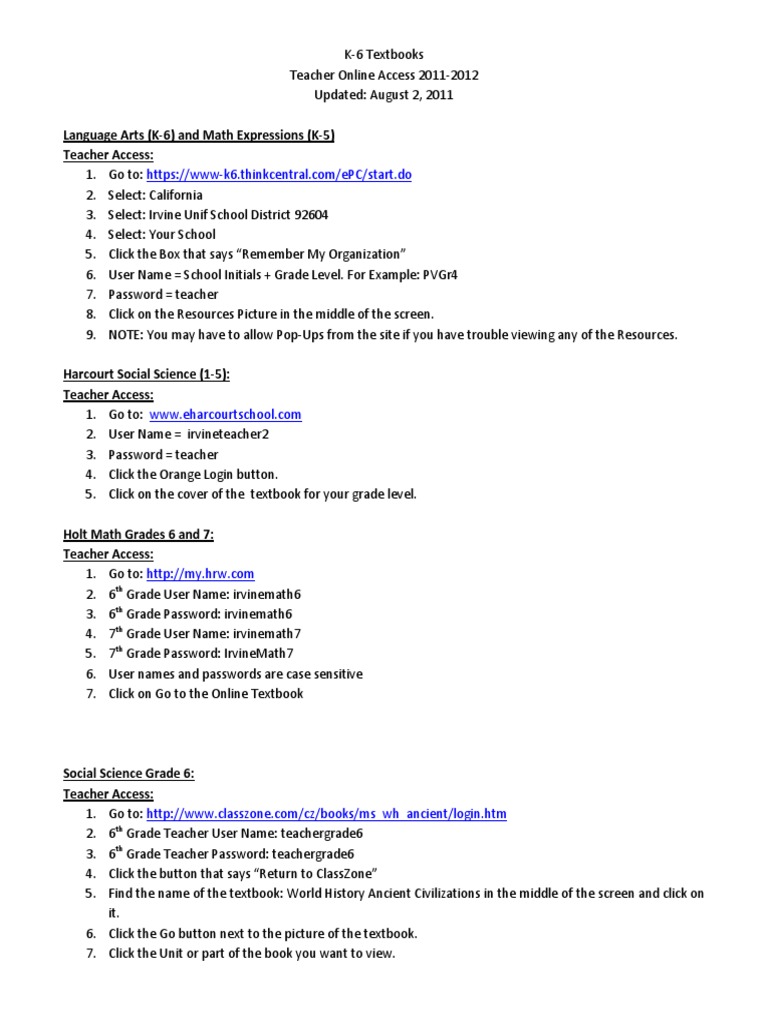 Teacher and Student On-Line Access Codes 2011-2012 | PDF | Textbook ...