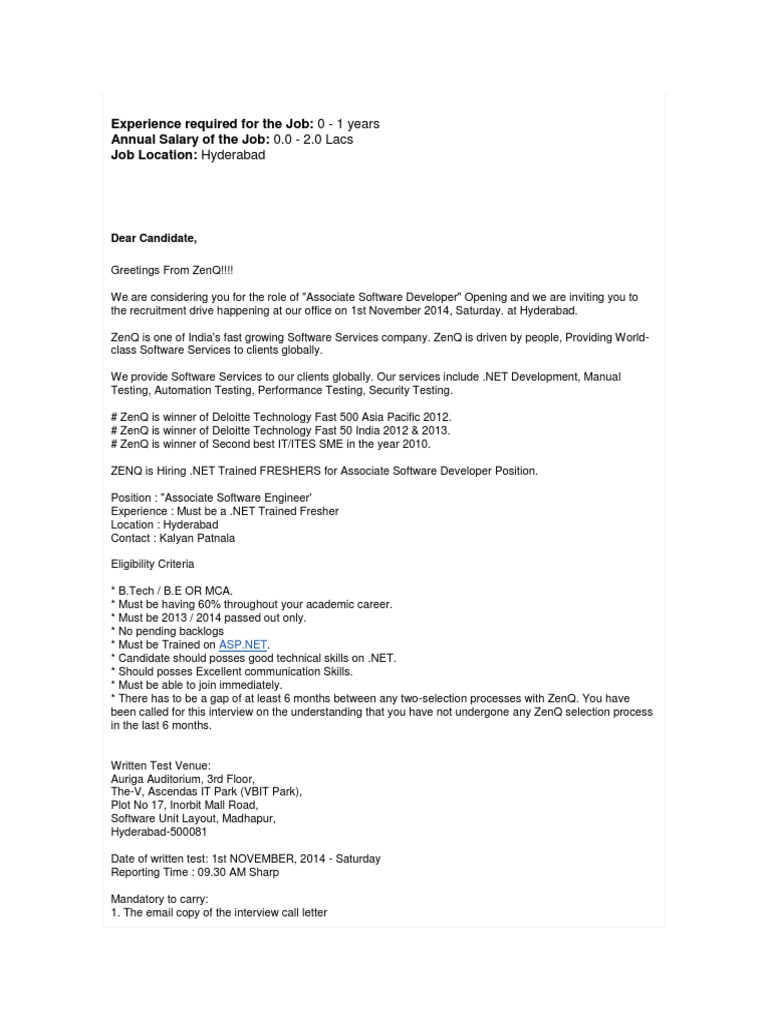 Sample Interview Call Letter | Download Free PDF | Recruitment | Test ...