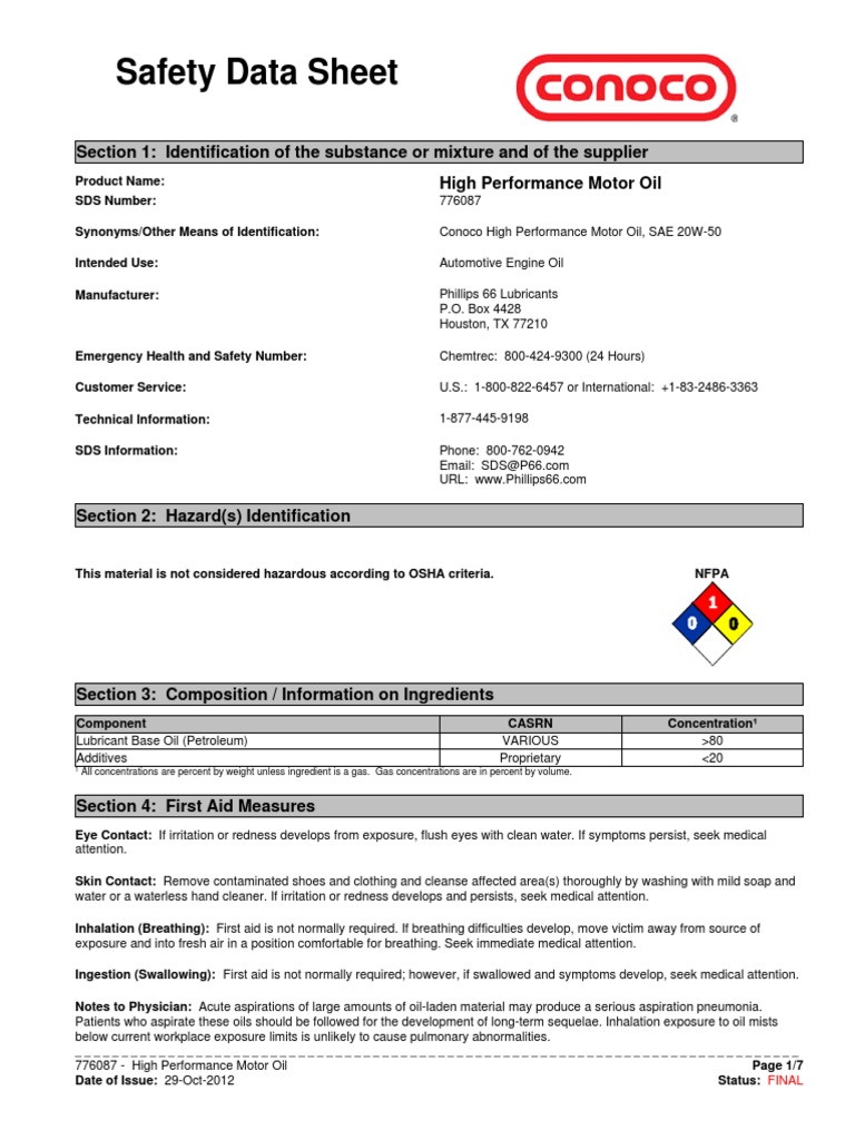Msds Hp 20w50 | Hazardous Waste | Toxicity