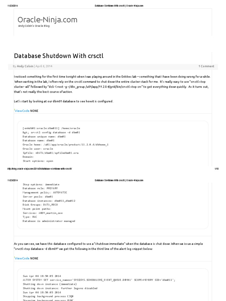 Database Shutdown With CRSCTL - Oracle-Ninja PDF | PDF | Oracle Database | Databases