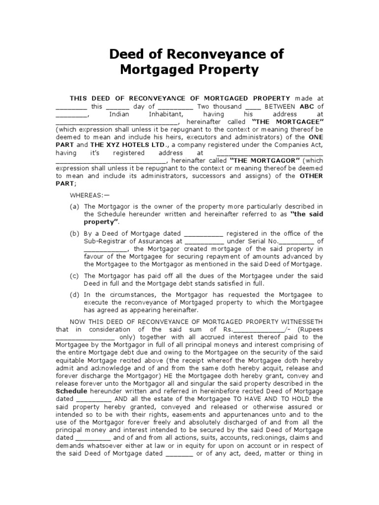 Release of Property from Mortgage: Deed of Reconveyance Document ...