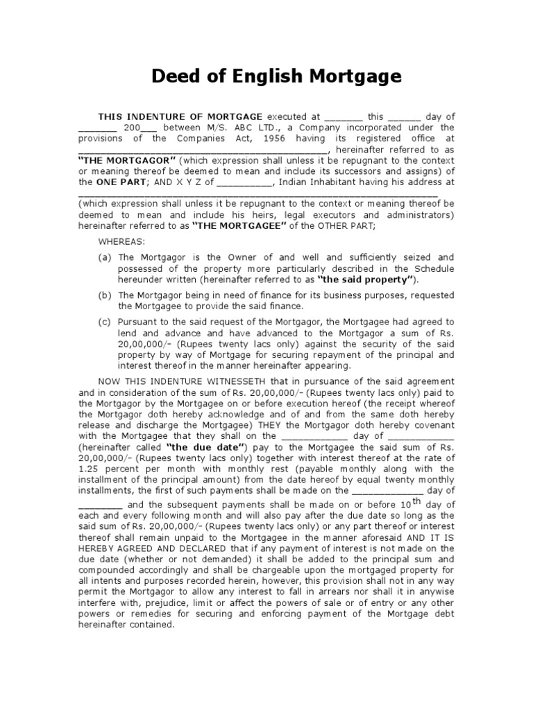 Deed of English Mortgage: THIS INDENTURE OF MORTGAGE Executed at - This ...