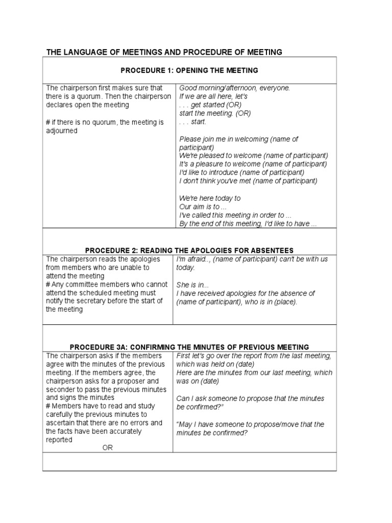 The Language of Meetings and Procedure of Meeting | PDF | Agenda ...