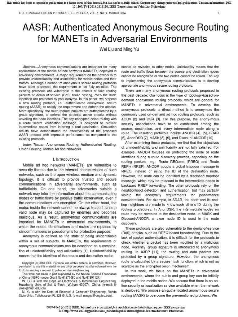 Aasr Authenticated Anonymous Secure Routing For Manets In Adversarial Environments Pdf