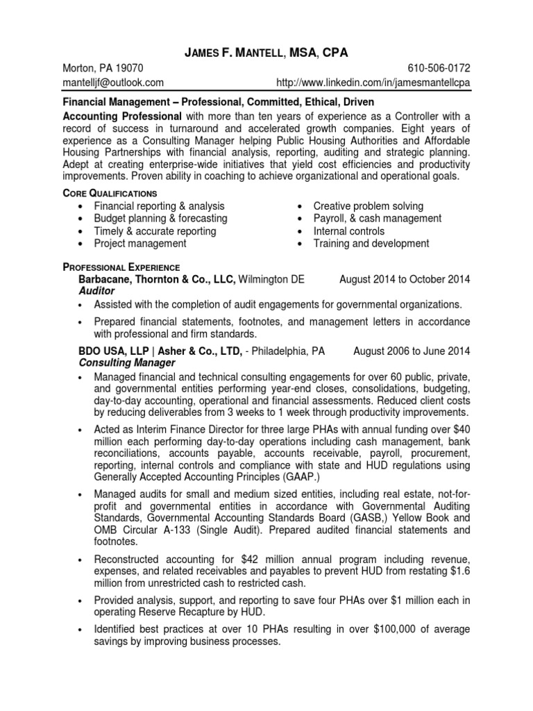 Controller in Philadelphia PA Resume James Mantell | PDF | Certified ...