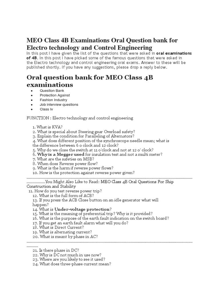 MEO Class 4B Examinations Oral Question Bank For Electro Technology and ...