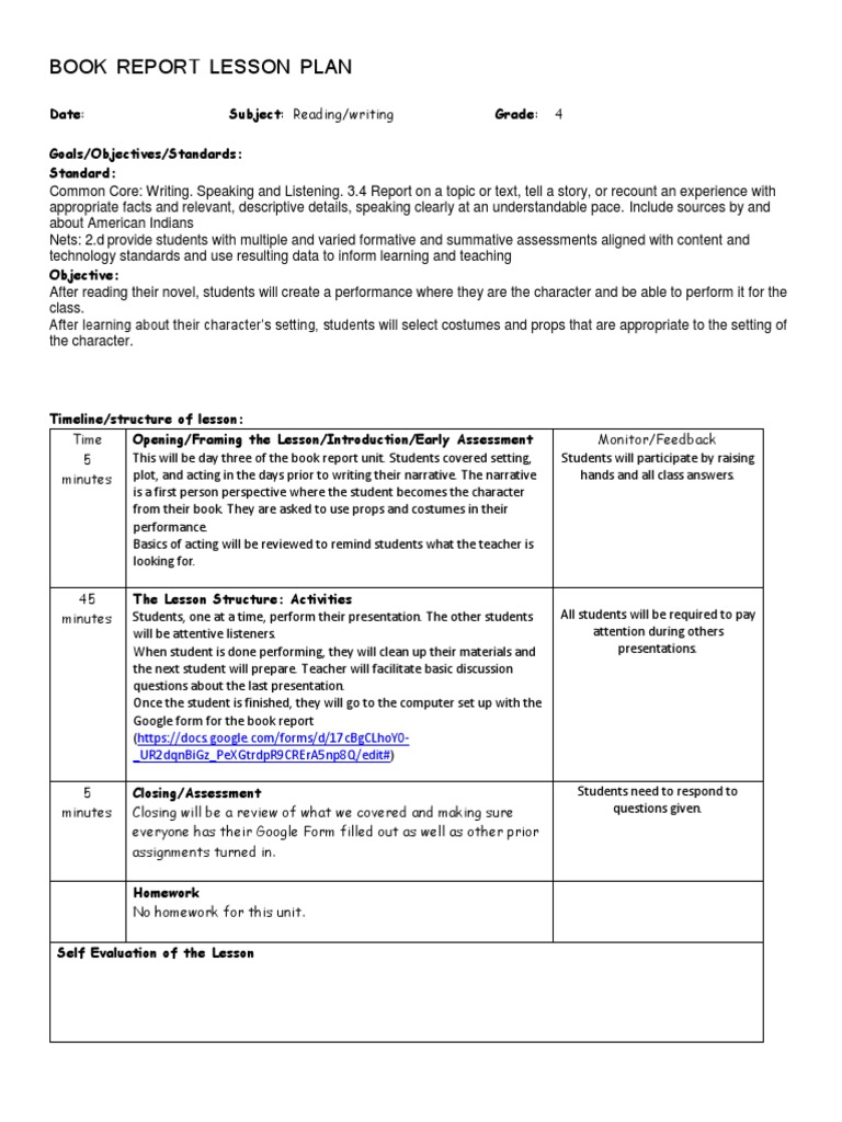 4th Grade Book Report Lesson Plan | PDF | Career & Growth