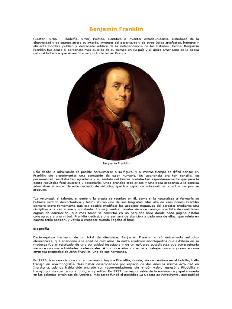 Biografía de Benjamín Franklin | PDF | Benjamin Franklin | Filadelfia