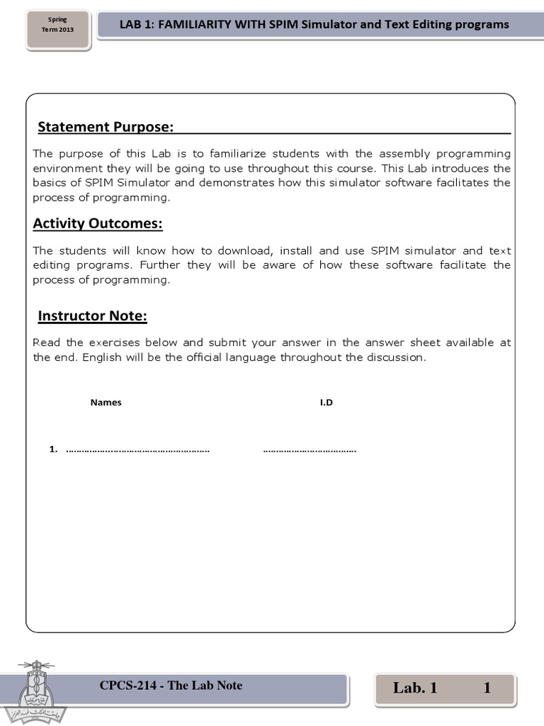 LabManual 1 | PDF | Assembly Language | Mips Instruction Set