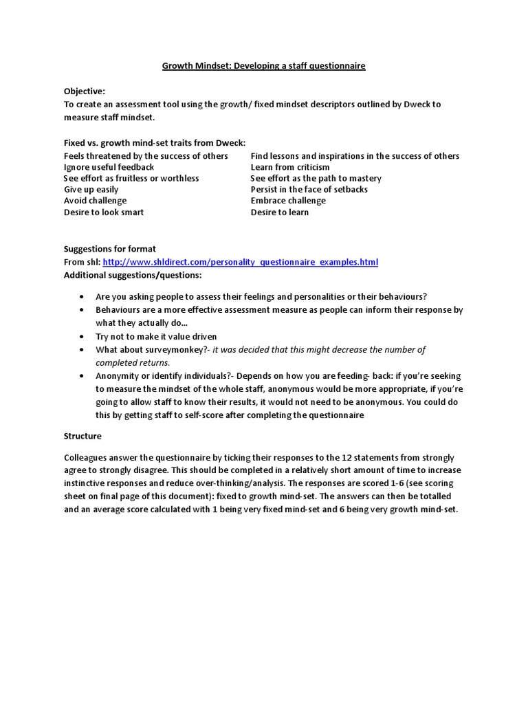 Developing A Growth Mindset Questionnaire For Staff v3 | PDF | Mindset ...