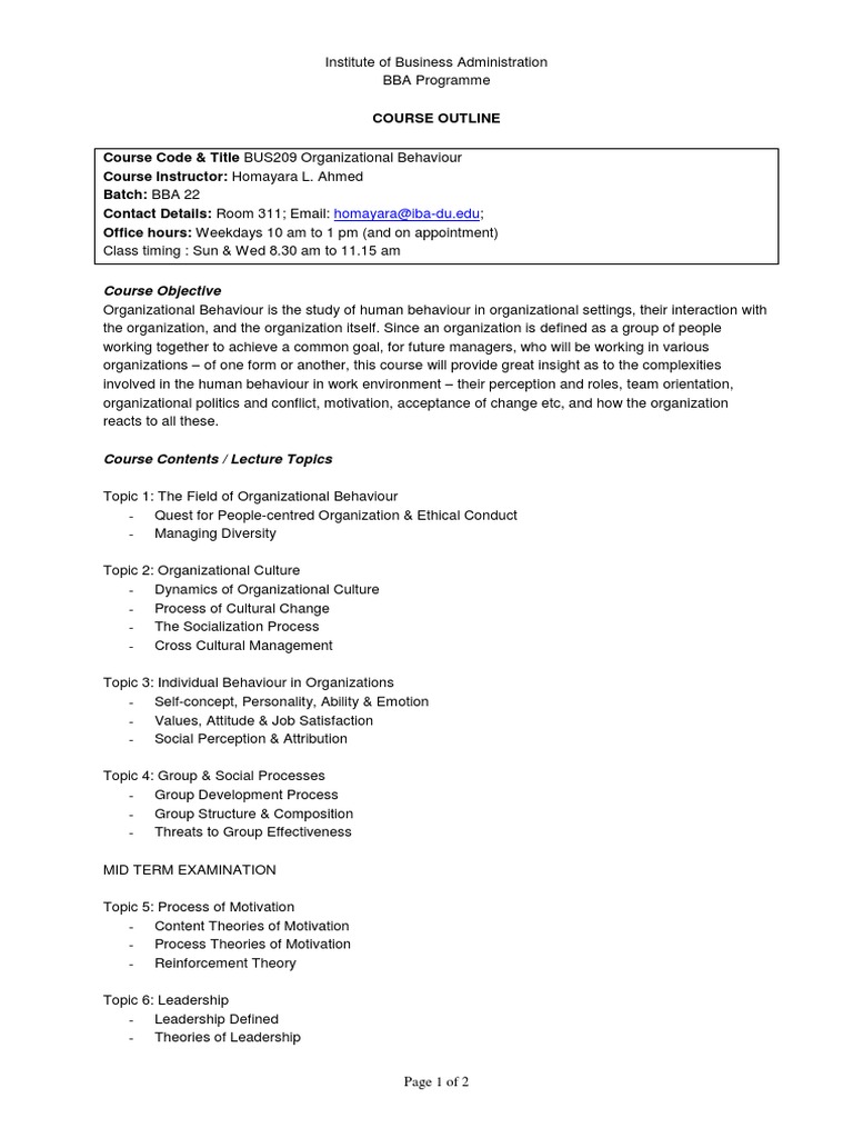 Course Outline OB - IBA | PDF | Motivation | Motivational