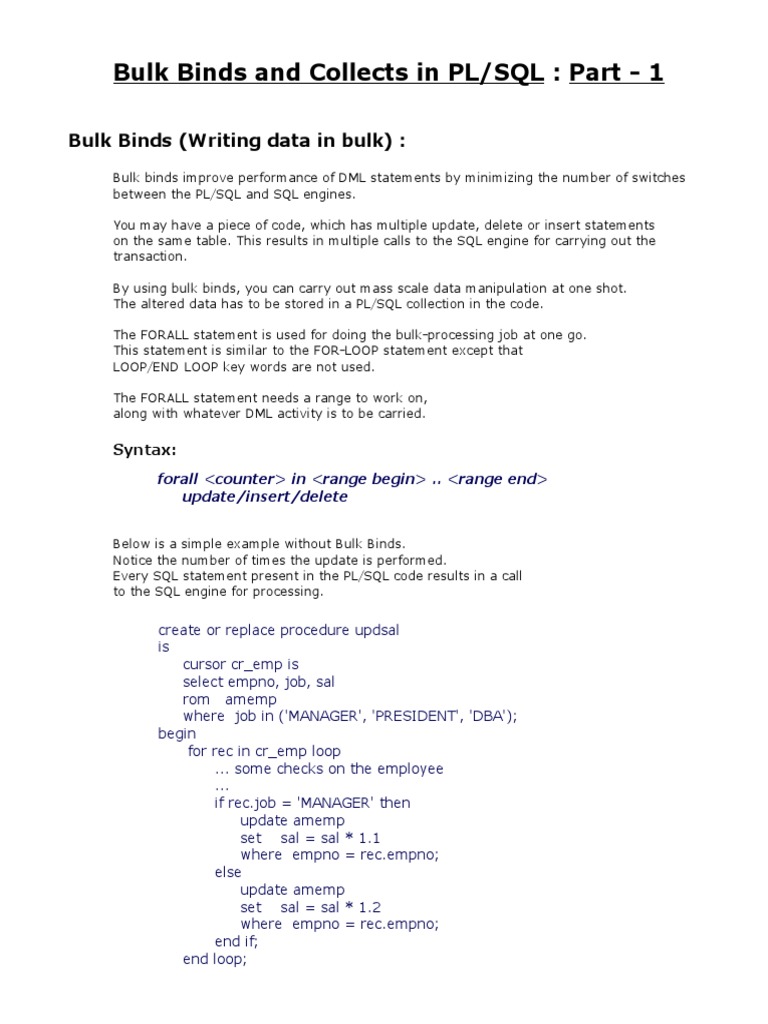 Bulk Binds And Collects In Plsql Pdf Plsql Sql 0980