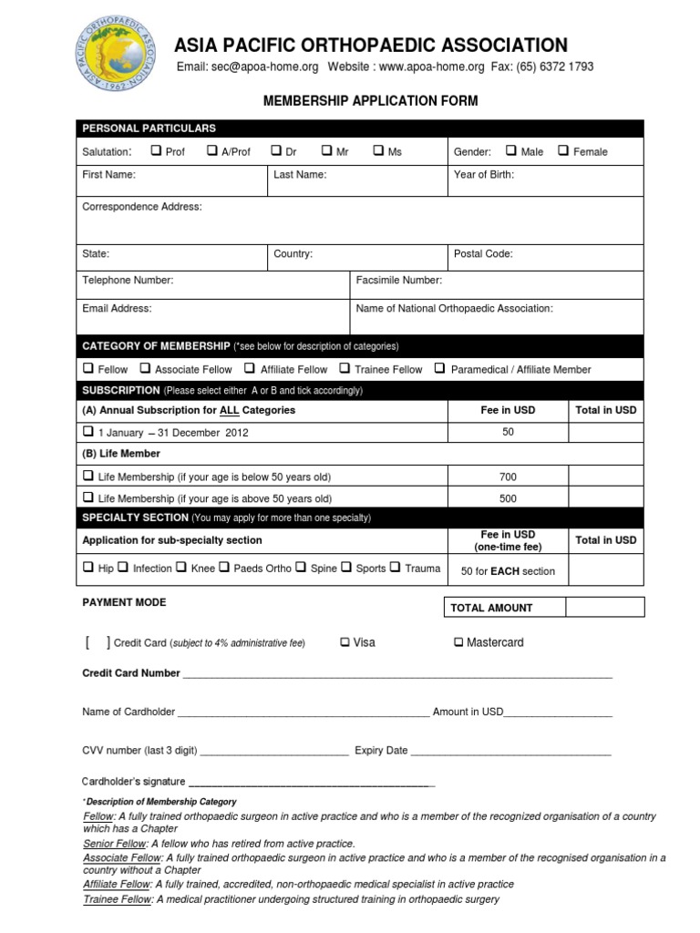 Asia Pacific Orthopaedic Association: Membership Application Form | PDF ...
