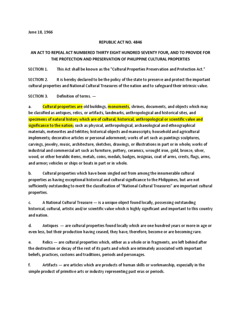 RA 4846 - Cultural Properties Preservation and Protection Act | PDF ...