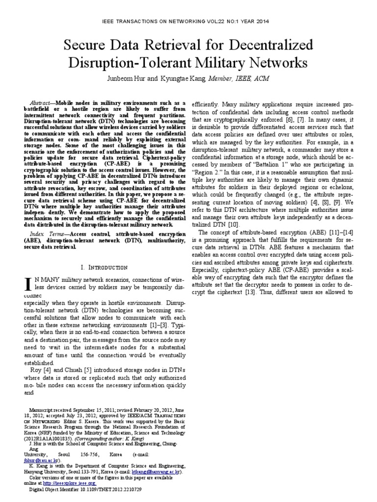 Secure Data Retrieval For Decentralized Disruption-Tolerant Military Networks | PDF | Key ...