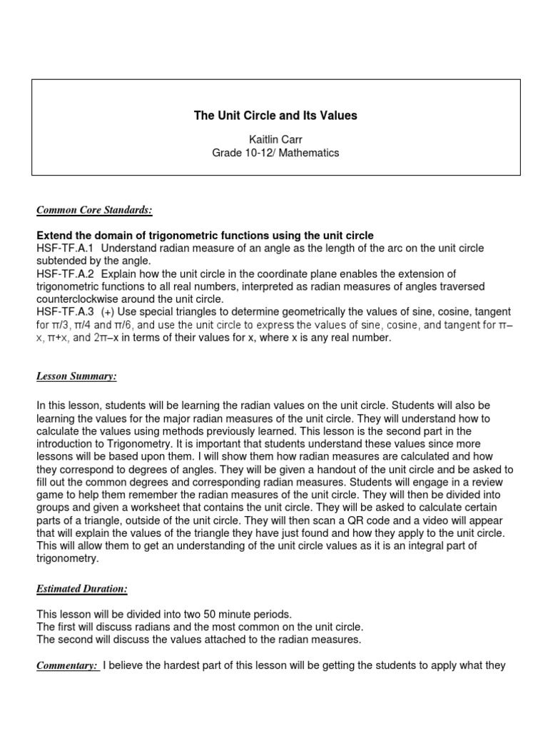 Unit Circle Lesson Plan | PDF | Trigonometric Functions | Circle