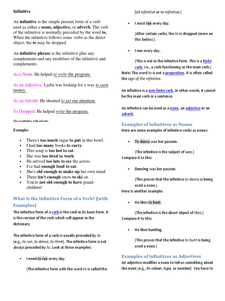 Infinitive | Adverb | Adjective