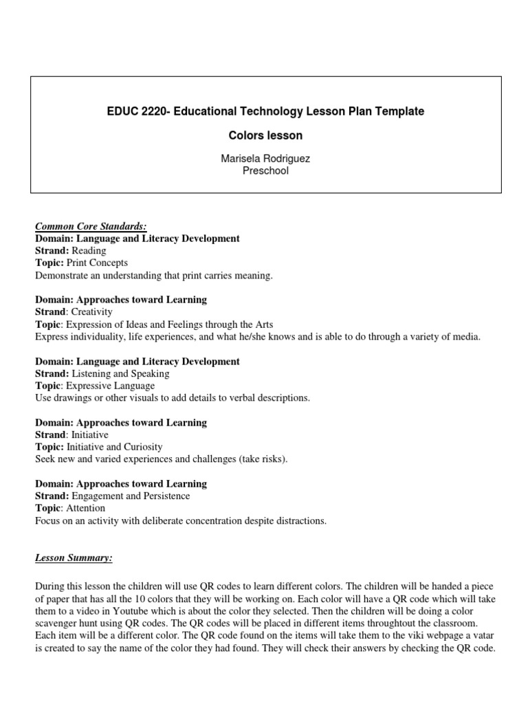 Educ 2220 Lesson Plan Template | PDF | Qr Code | Lesson Plan