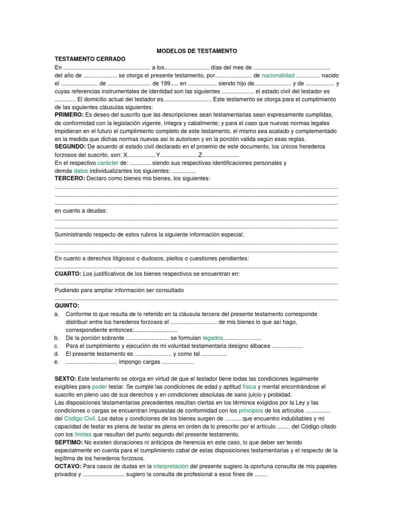 Modelos de Testamento | Voluntad y testamento | Derecho Civil (Common Law)