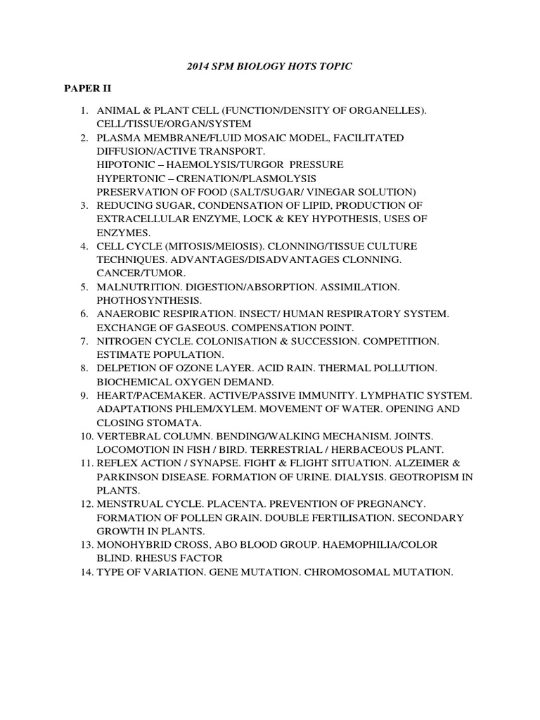 Paper Ii: 2014 SPM Biology Hots Topic | PDF