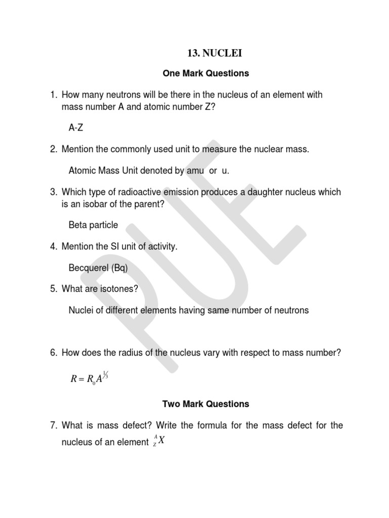 Nuclei: One Mark Questions | PDF | Radioactive Decay | Nuclear Physics