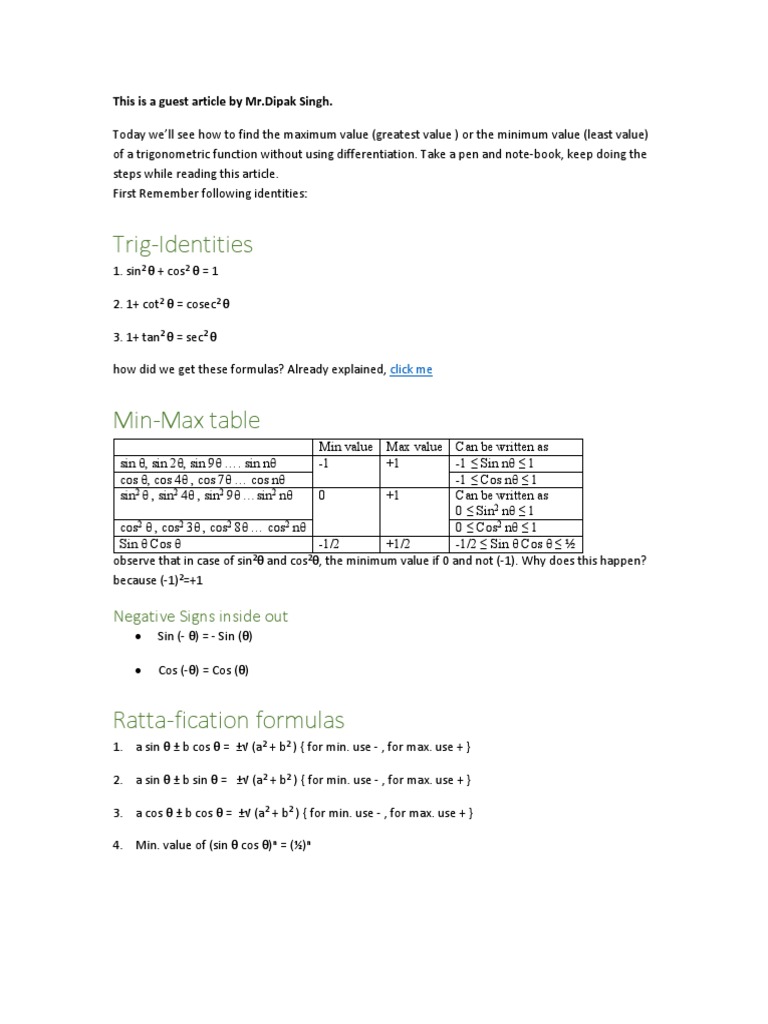 Trigonometry Minimum Maximum Values Pdf Trigonometric Functions Sine