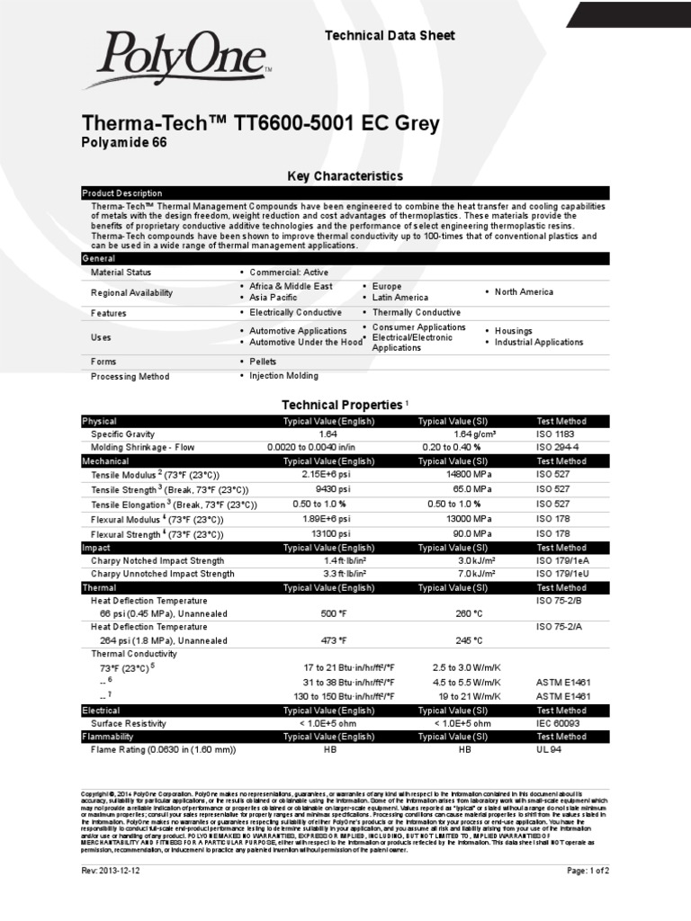 Datasheet PA66 TT6600-5001 EC Grey | PDF | Thermoplastic | Strength Of ...