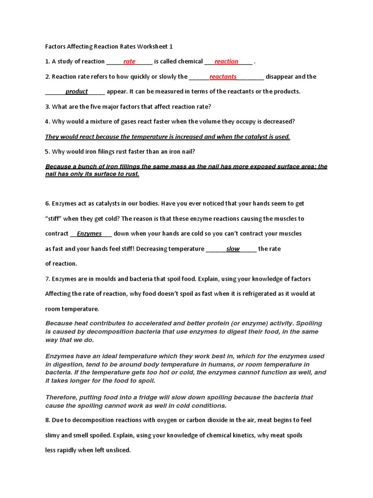 Factors Influencing Reaction Rates Worksheet | PDF | Reaction Rate ...