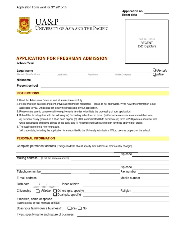 Application Form For SY2015-16 UA&P | PDF | Bachelor's Degree ...