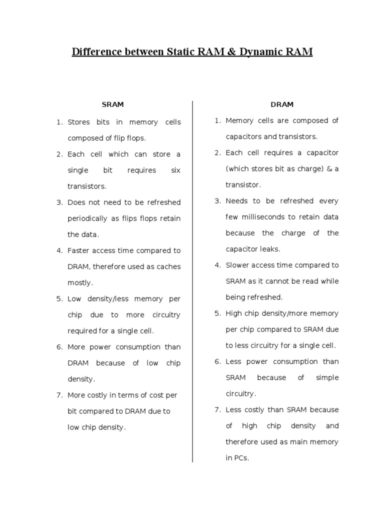 Difference Between SRAM & DRAM | PDF | Dynamic Random Access Memory ...