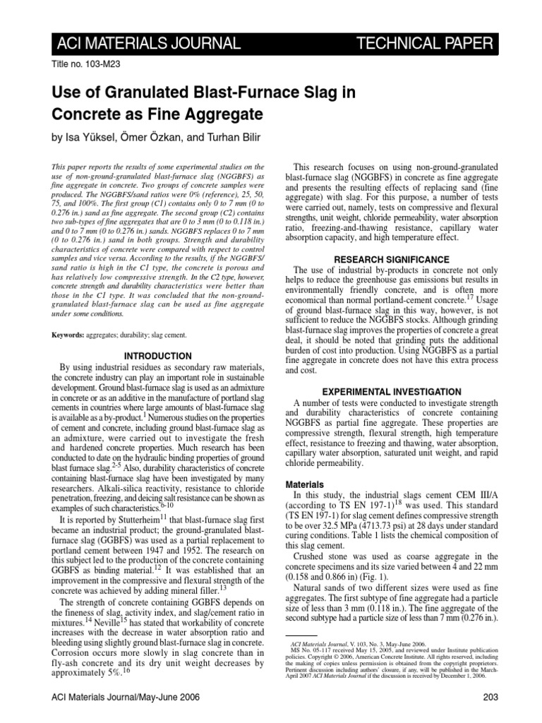 Use of Granulated Blast-Furnace Slag in Concrete As Fine Aggregate ...