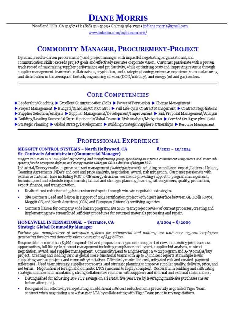 Commodity Manager Supplier Procurement in Los Angeles CA Resume Diane ...