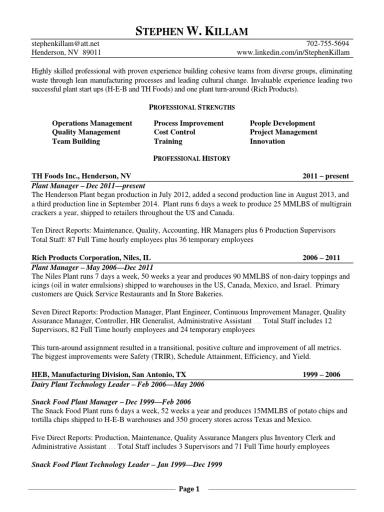Plant Manager Food Manufacturing in San Antonio TX Resume Stephen ...