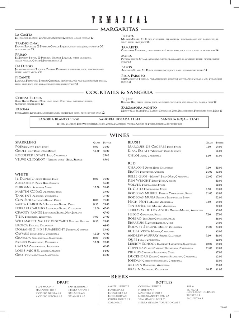 Temazcal Seaport Drinks Menu | PDF | Fermented Drinks | Wine