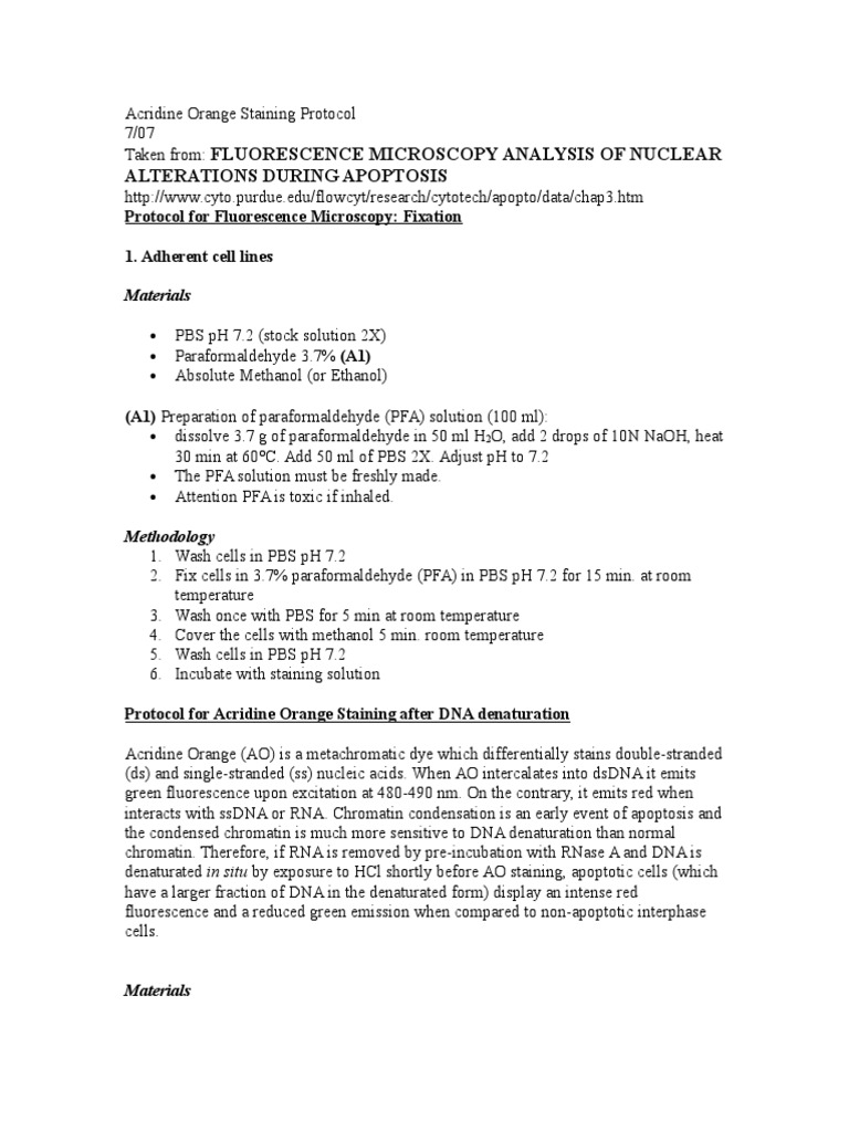 Acridine Orange Staining Protocol | PDF | Staining | Laboratory Techniques