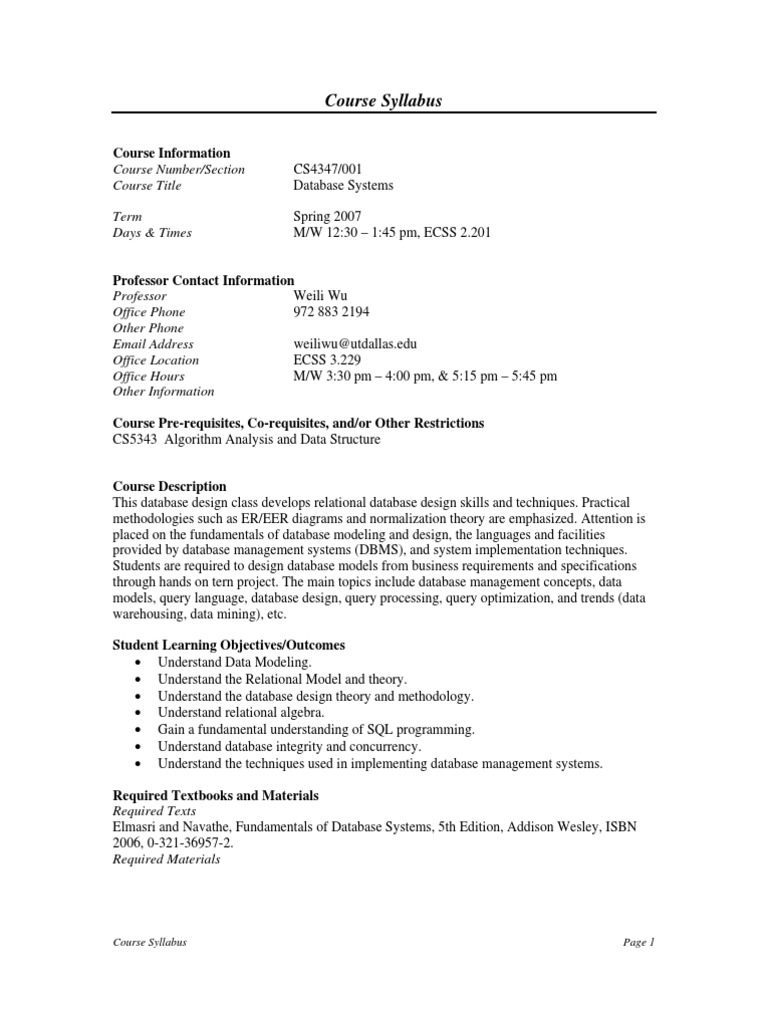 Database Systems Course Syllabus | PDF | Academic Dishonesty | Databases