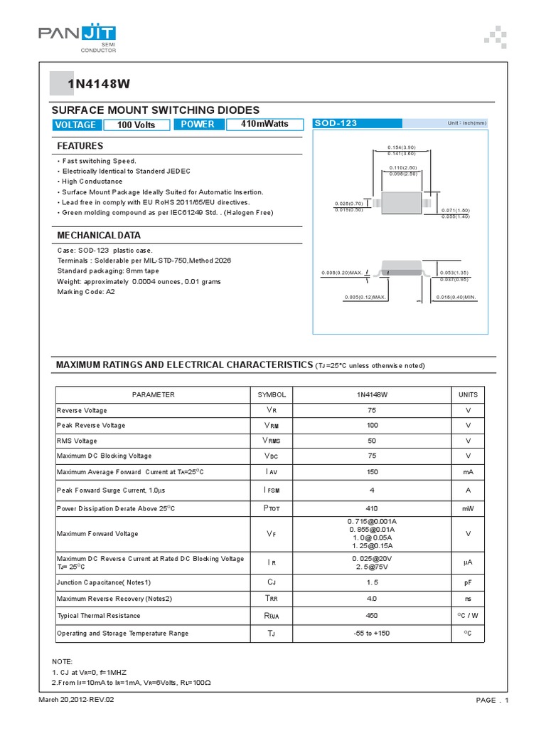 1N4148W Surface Mount Switching Diodes Spec Sheet | PDF | Diode | Capacitor