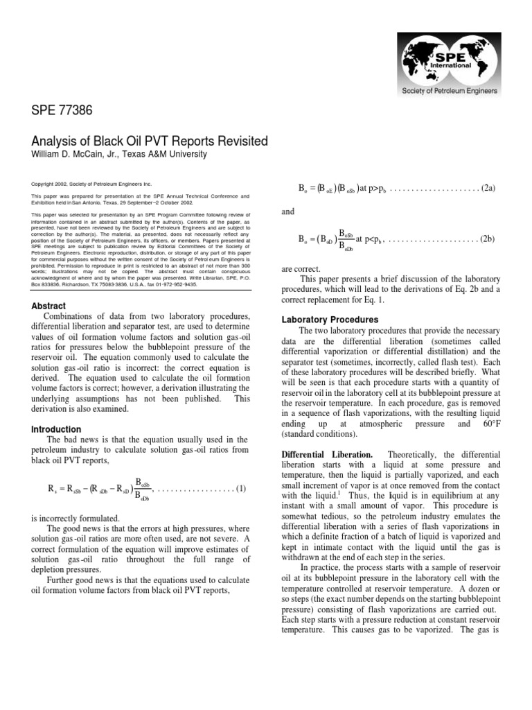 SPE 77386 Analysis of Black Oil PVT Reports Revisited: B B B at P P ...