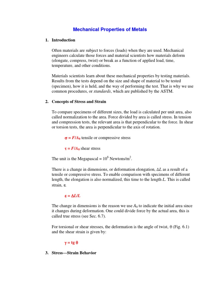 Mechanical Properties of Metals | PDF | Deformation (Engineering) | Elasticity (Physics)