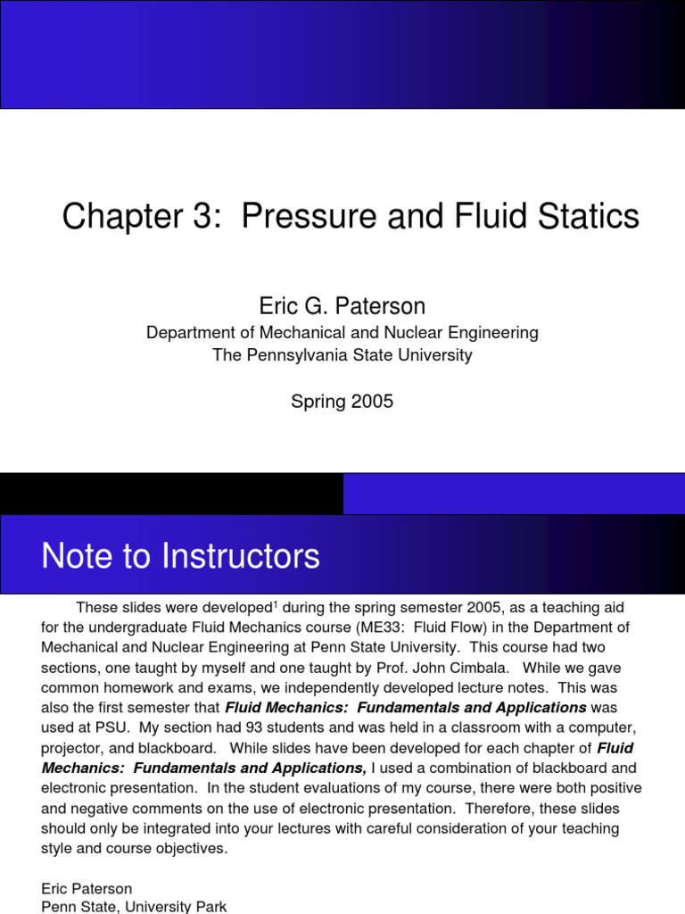 Chapter 3: Pressure and Fluid Statics: Eric G. Paterson | PDF | Buoyancy | Pressure