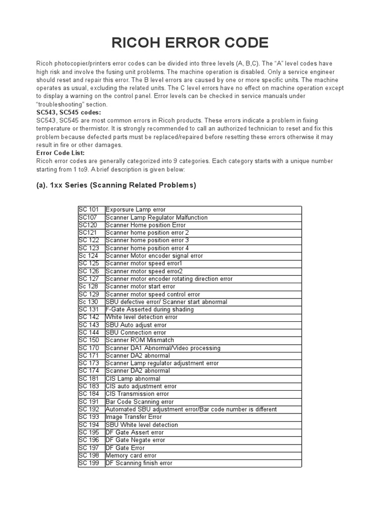 Ricoh Error Code Guide and Troubleshooting | PDF | Image Scanner | Barcode