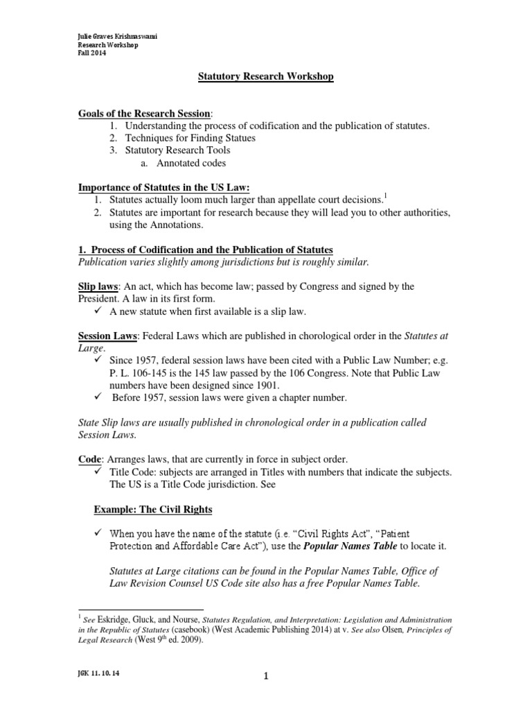 Statutory Research Outline | Codification (Law) | United States Code