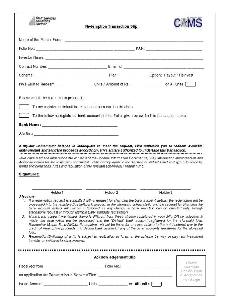 Mutual Fund Redemption Slip Template | PDF