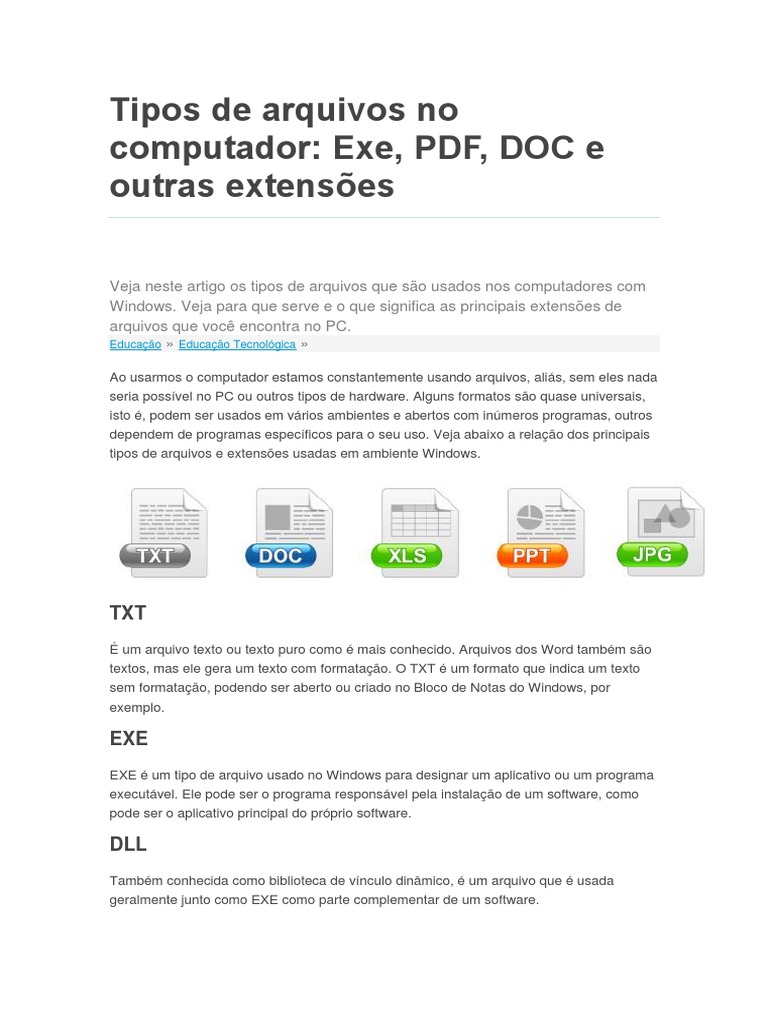 Principais extensões de arquivos: EXE, PDF, DOC e mais | PDF | Arquivo ...