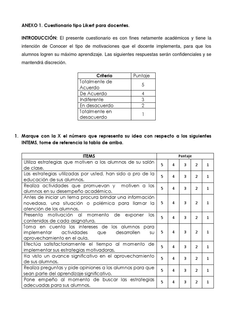 Escala Likert Para Docentes | Escala Likert | Cuestionario