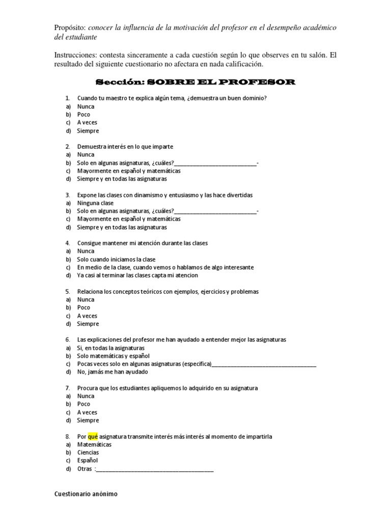 Cuestionarios Para Los Alumnos | Cuestionario | Maestros