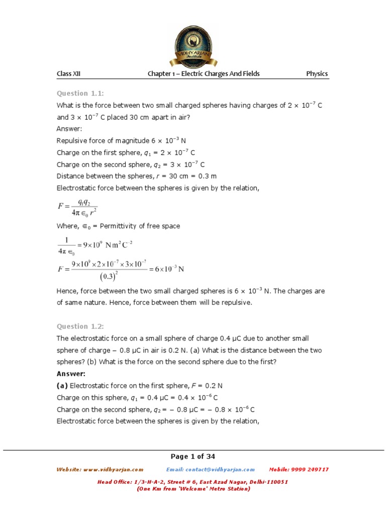 Chapter 1 Electric Charges and Fields | PDF | Electric Charge | Electrostatics