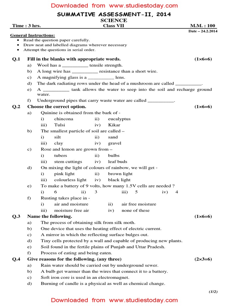 CBSE Class 7 Science Sample Paper SA2 2014 | PDF | Botany | Plants